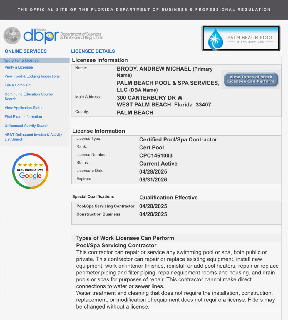 FL State License - 5 Star Pool Remodeling, Pool Service & Pool Repairs